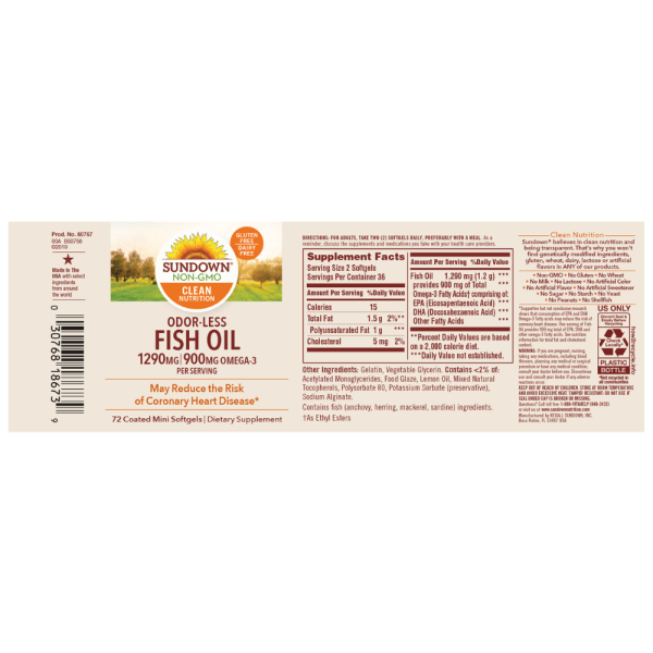 Sundown Naturals Odorless Fish Oil Omega-3 1290mg,72 coated mini ...