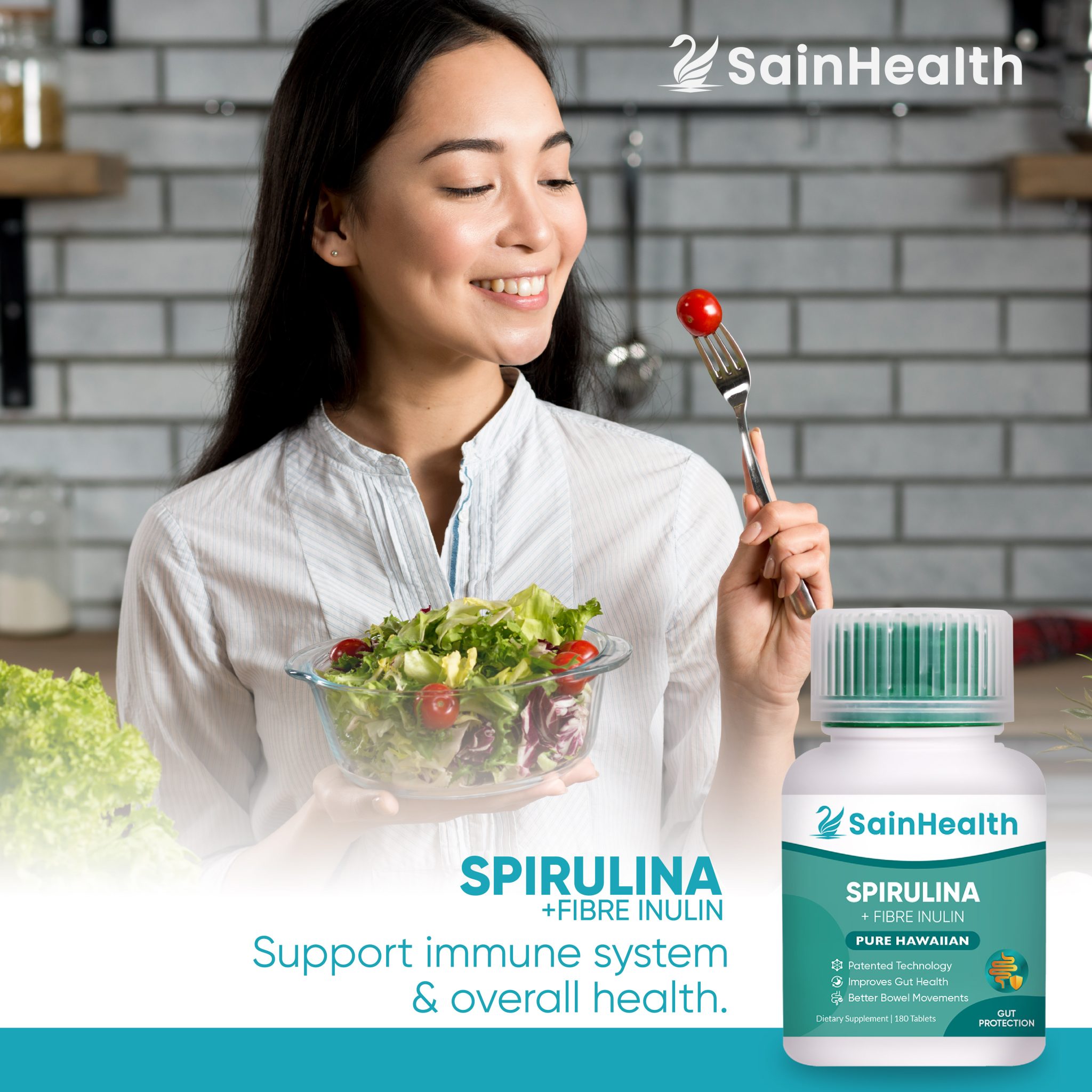 SainHealth Spirulina + Fibre Inulin, 180 Tablets - Superfood Vitamin ...